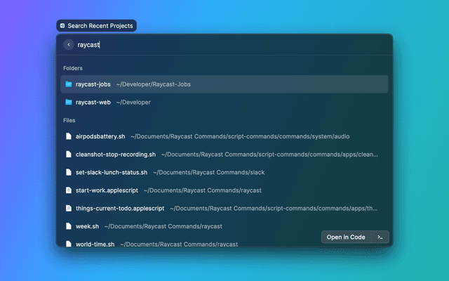 Raycast Store: Visual Studio Code Recent Projects