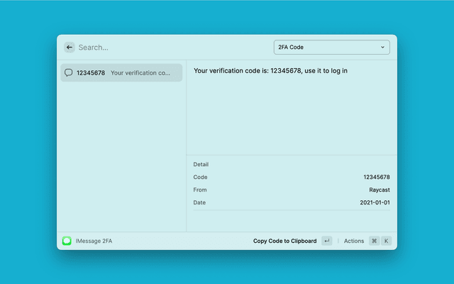 Raycast Store: iMessage 2FA